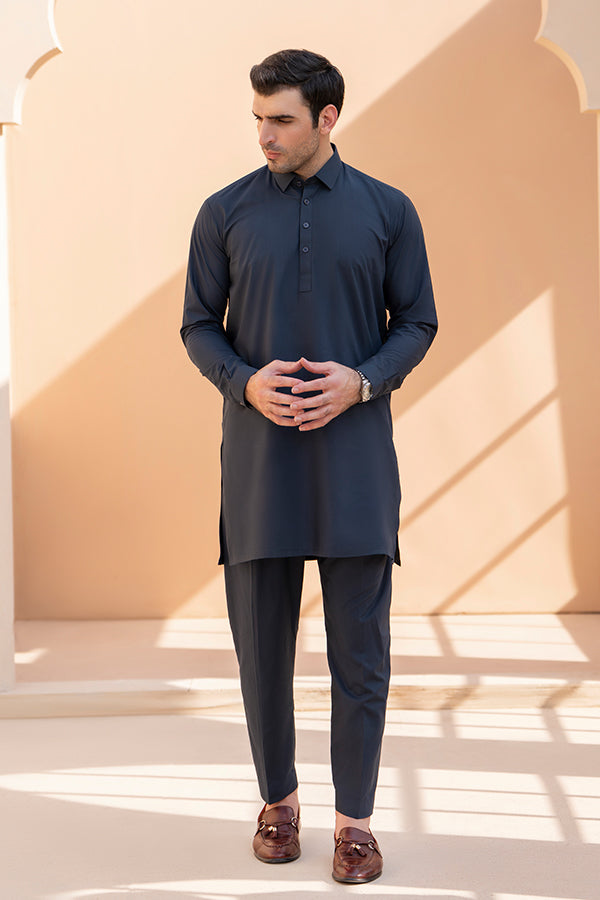 Prussian Blue Kurta Pajama with Box Pleat and Classic Collar – Zarlay